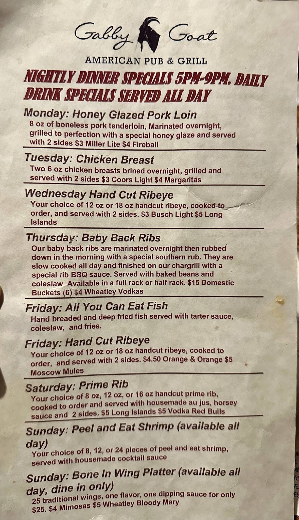 Menu at Gabby Goat American Pub & Grill, Effingham