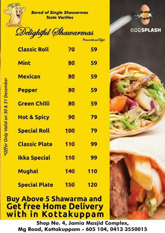 Menu at Egg Splash, Puducherry
