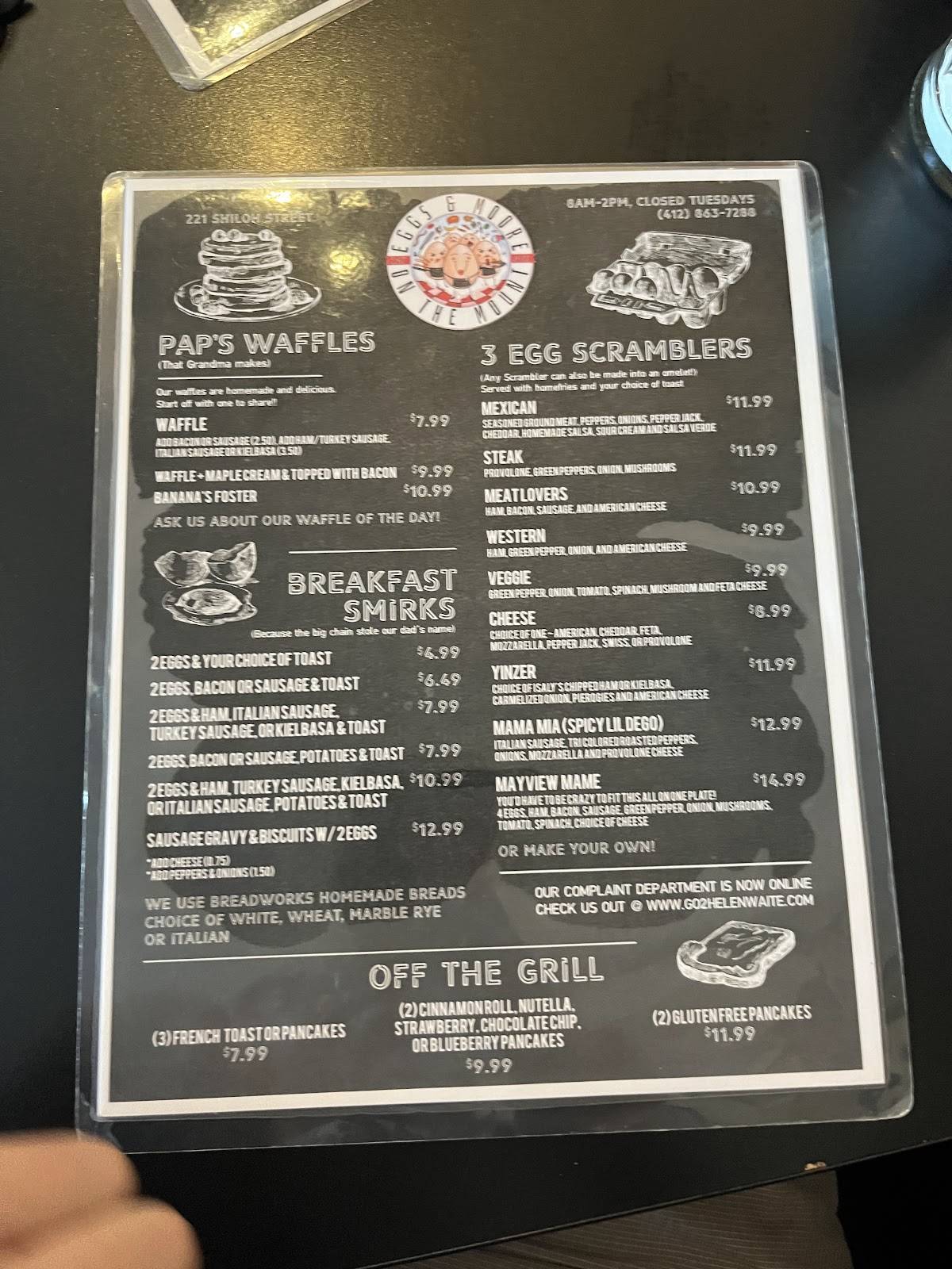 Menu at Eggs & Moore restaurant, Pittsburgh