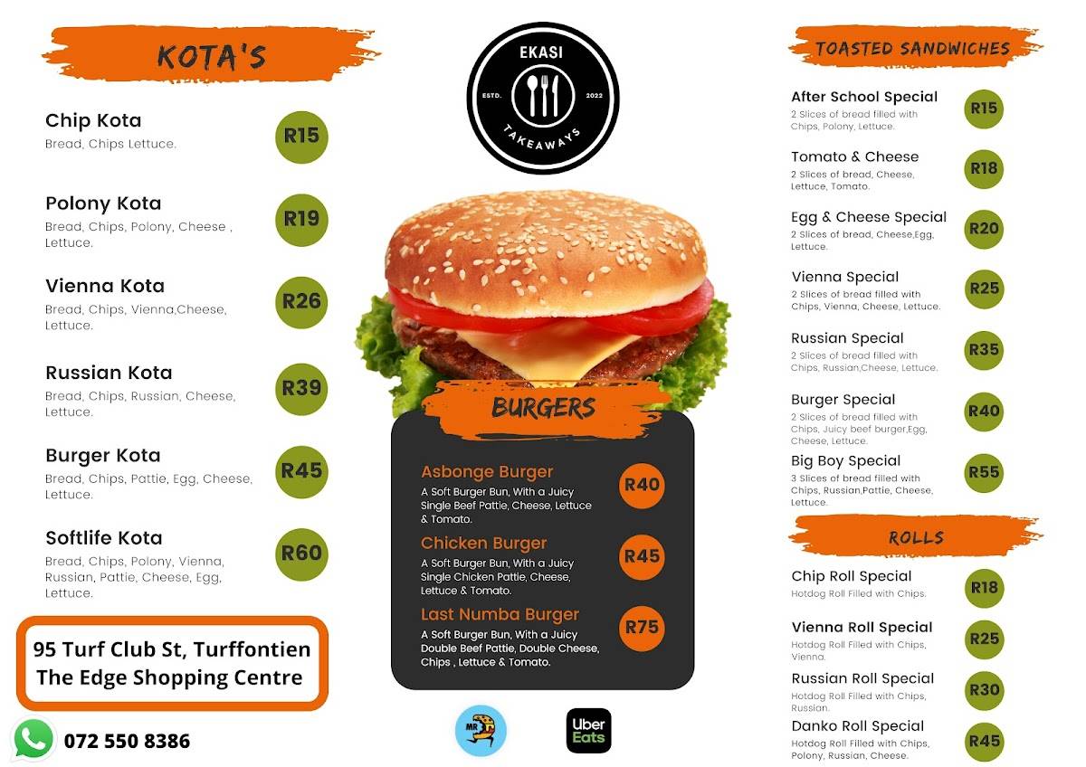 Menu au Ekasi Takeaways restaurant, Johannesburg