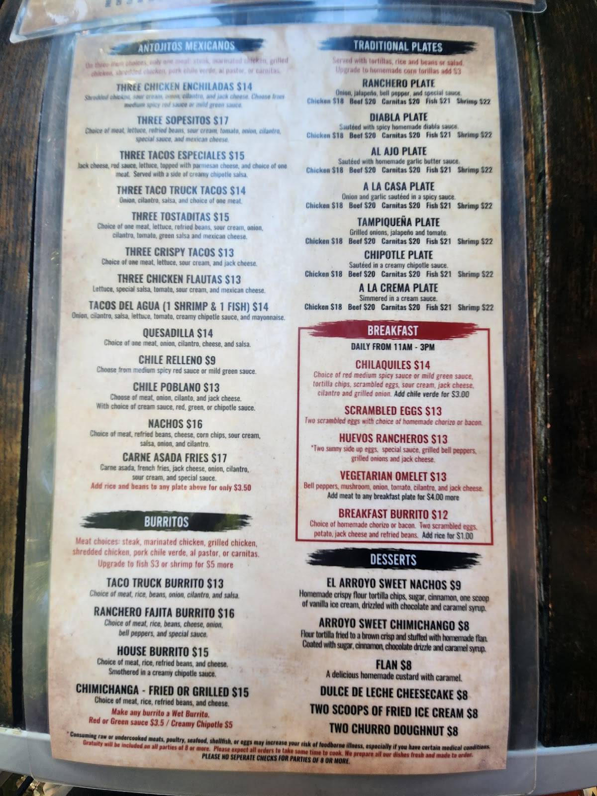 Menu at El Arroyo Cantina & Méxican Kitchen pub & bar, Sonora