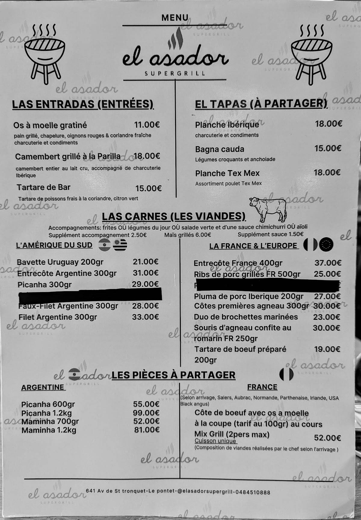 Menu au El Asador Super Grill restaurant, Le Pontet