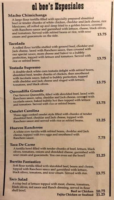 Menu at El Bee's restaurant, Waterloo, N 240th St