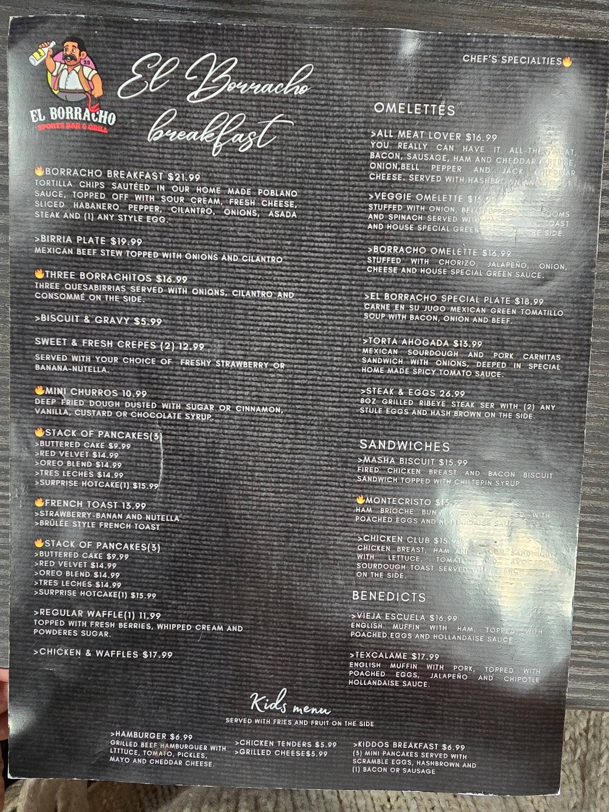 Menu at El Borracho Sports Bar & Grill, Merced