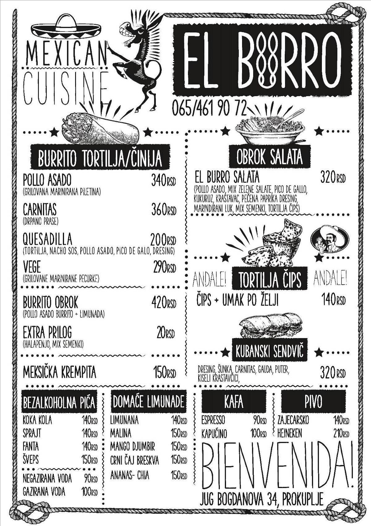 Speisekarte von El Burro restaurant, Opština Prokuplje