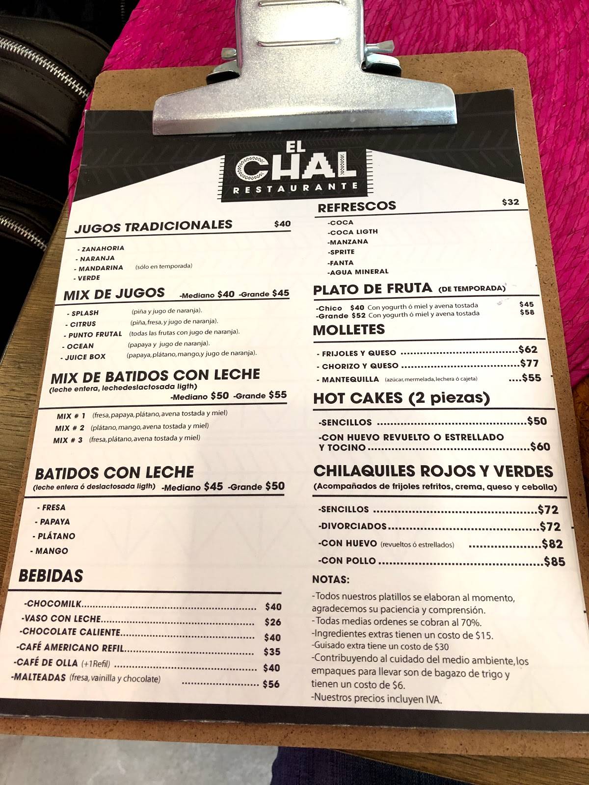 Carta de El CHAL RESTAURANTE, Zapopan