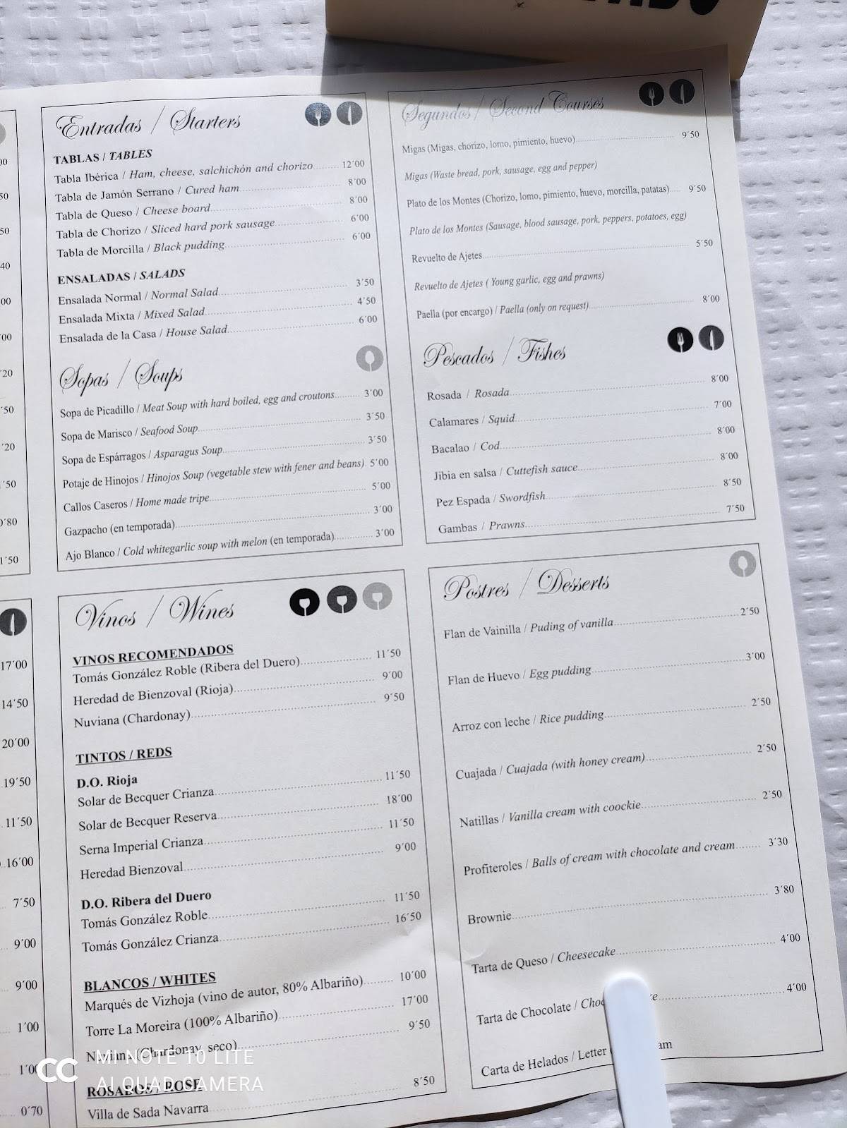 Carta de Restaurante El Caserón De Guaro, España