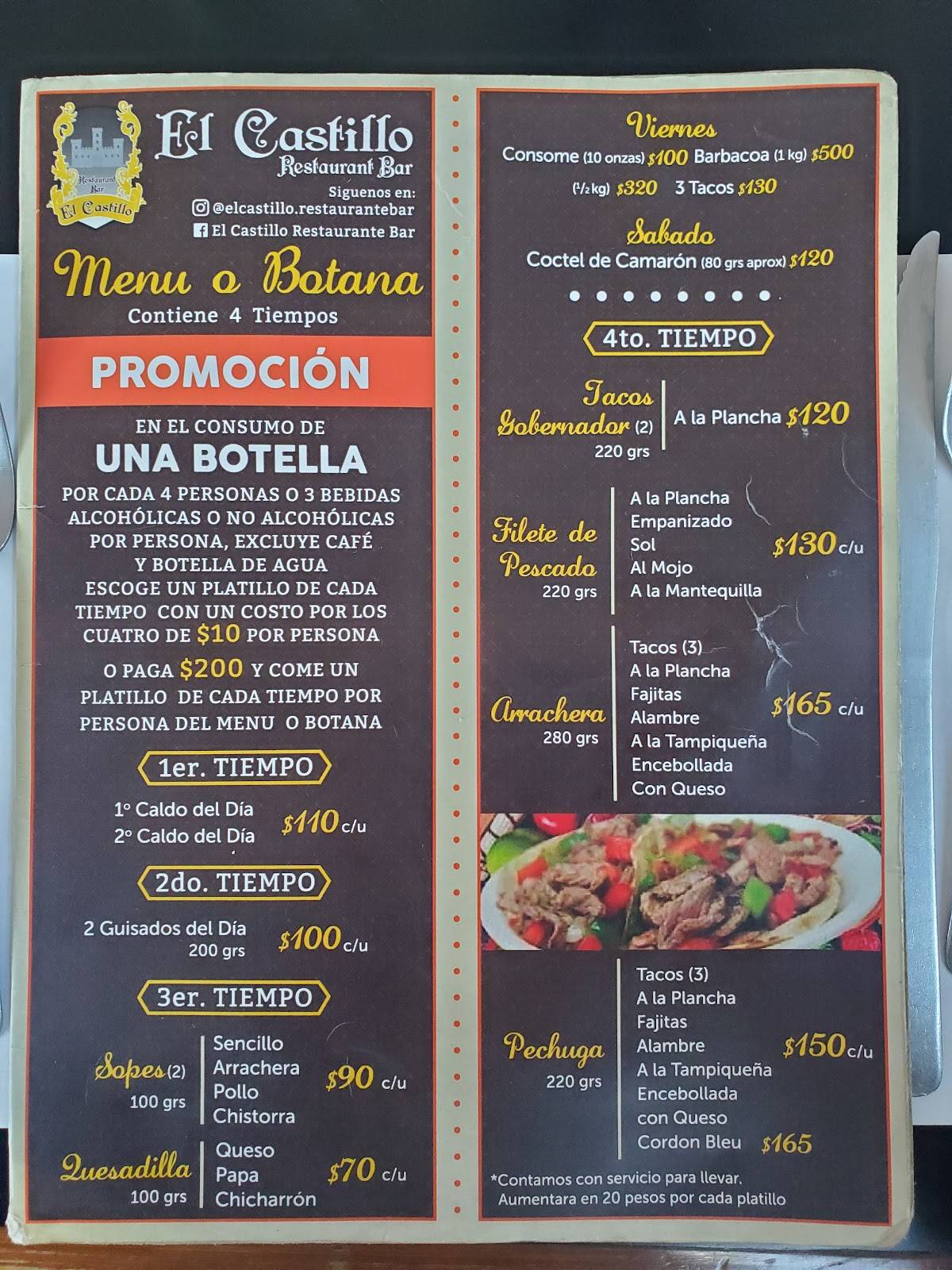 Carta del pub y bar El Castillo, Ciudad del México, Av. Pdte. Plutarco ...