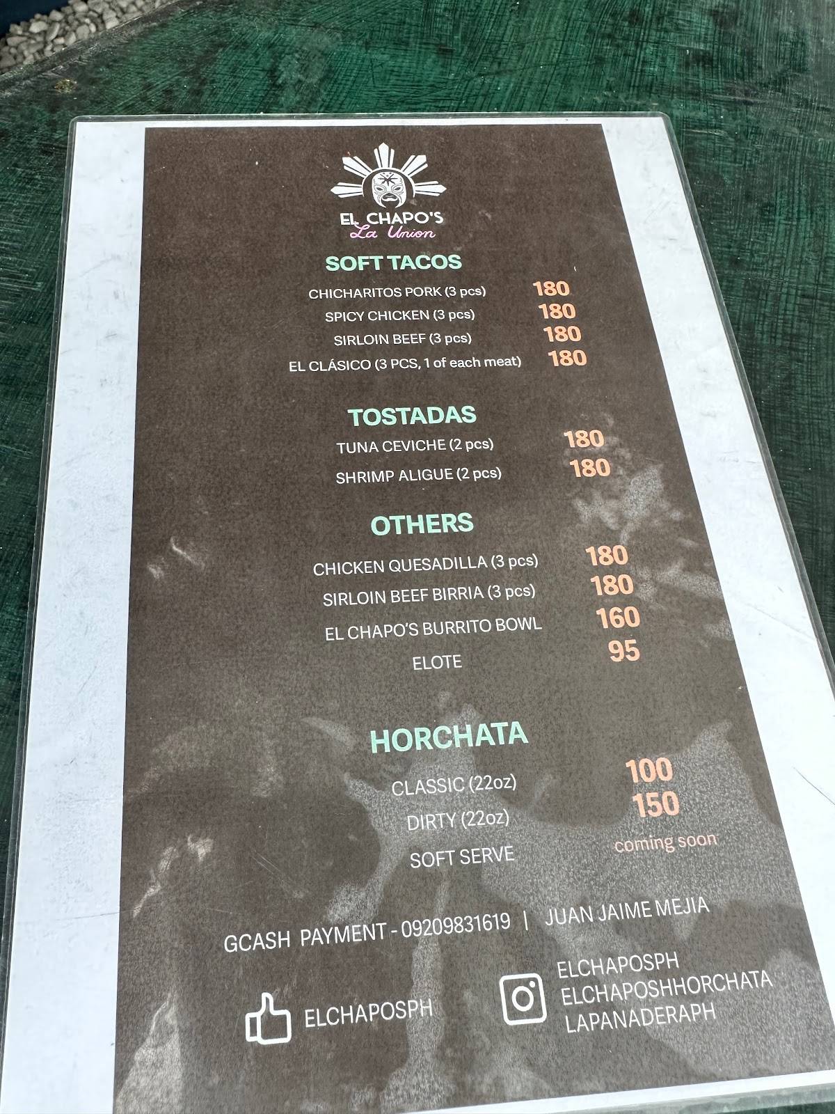 Menu at El Chapo's La Union restaurant, San Juan