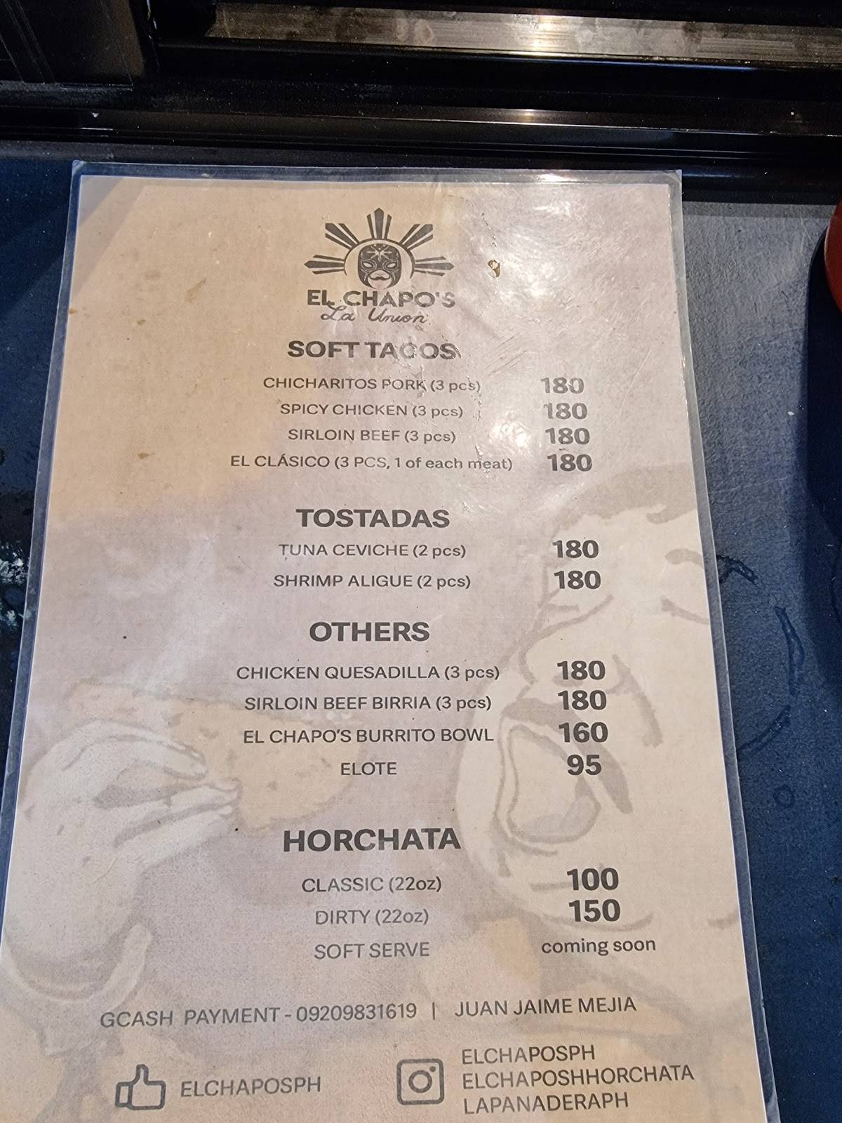 Menu at El Chapo's La Union restaurant, San Juan