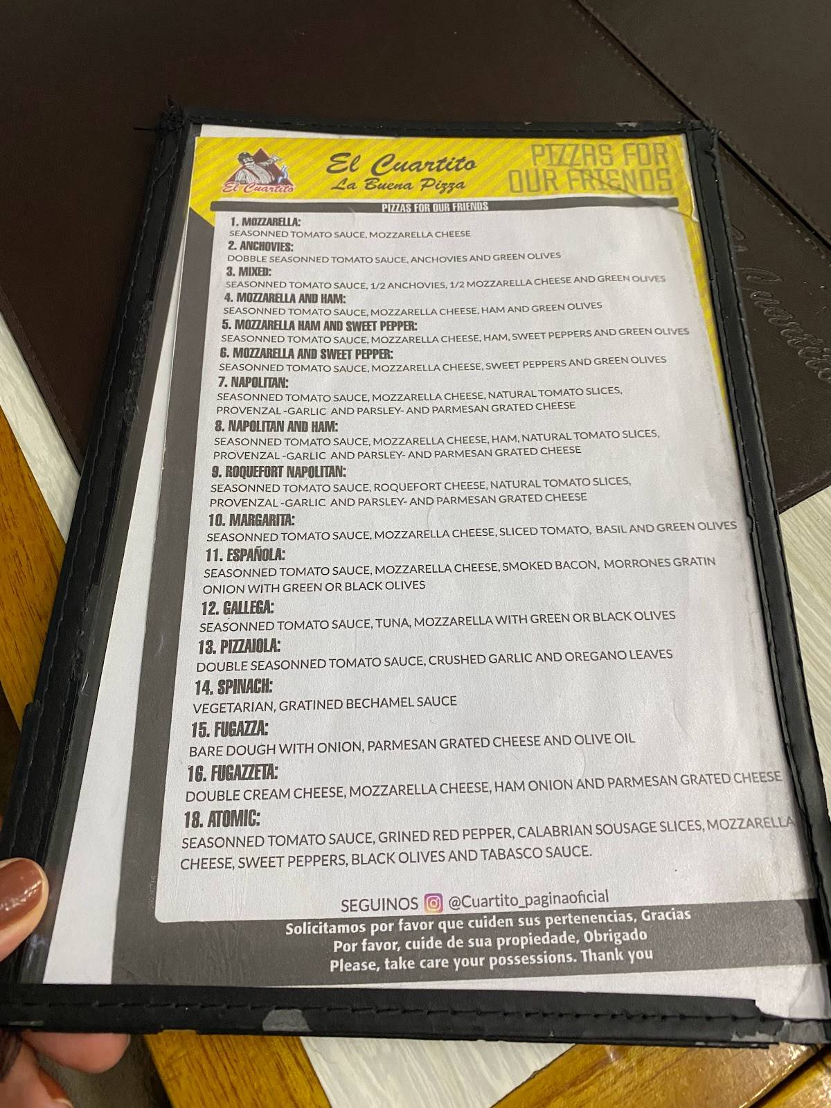 Carta de pizzería El Cuartito, Buenos Aires, Talcahuano 937
