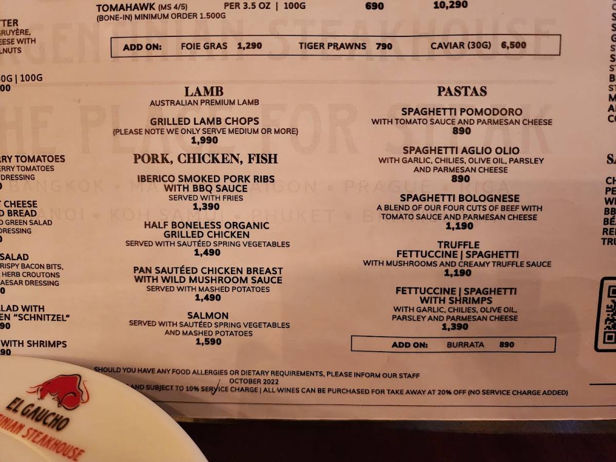 Menu at El Gaucho BGC steakhouse, Taguig