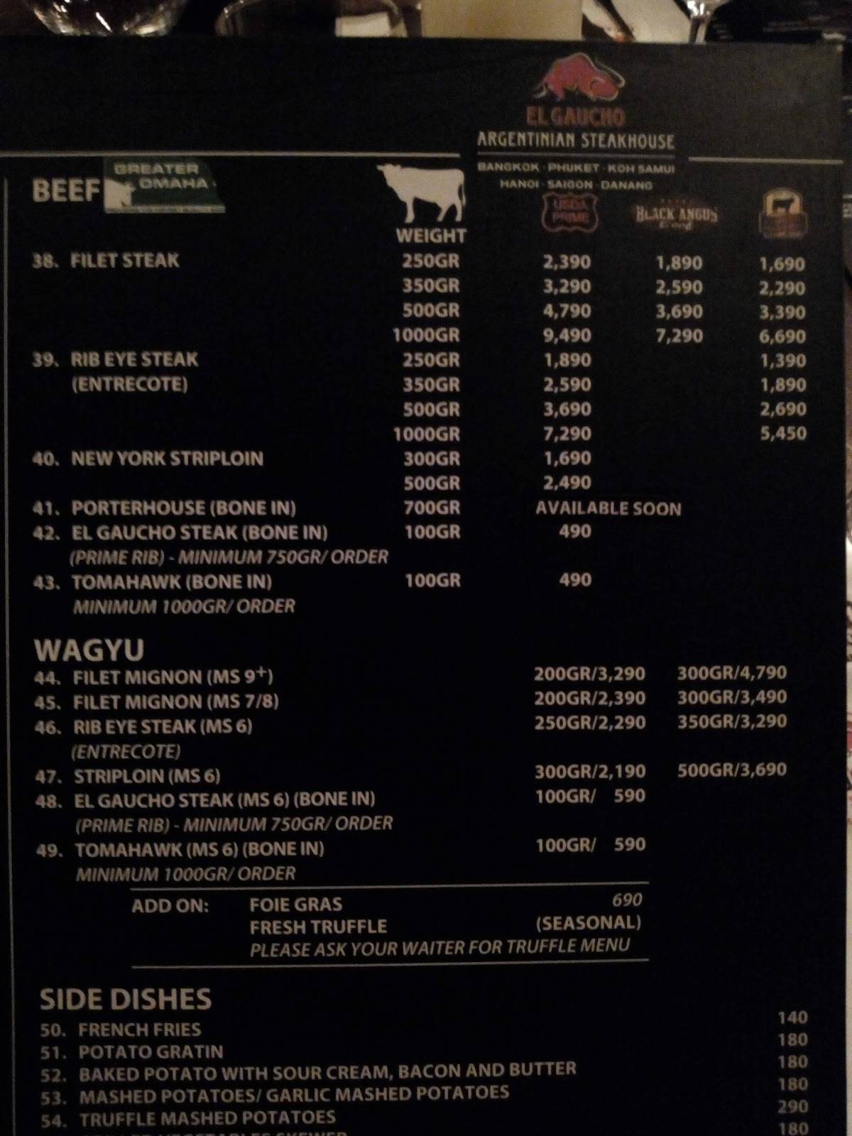 Menu at El Gaucho Sukhumvit Soi 11 steakhouse, Bangkok, Mercure Hotel ...