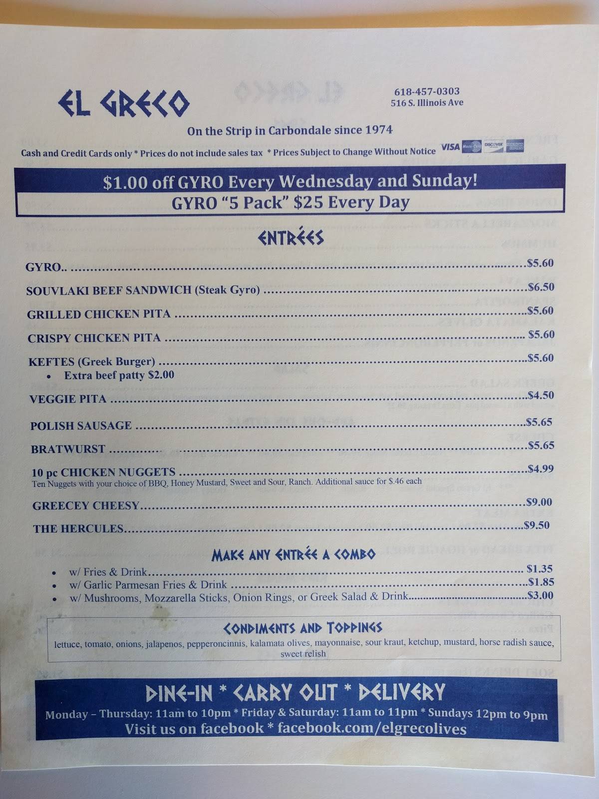 Carta del restaurante El Greco, Carbondale, 516 S Illinois Ave