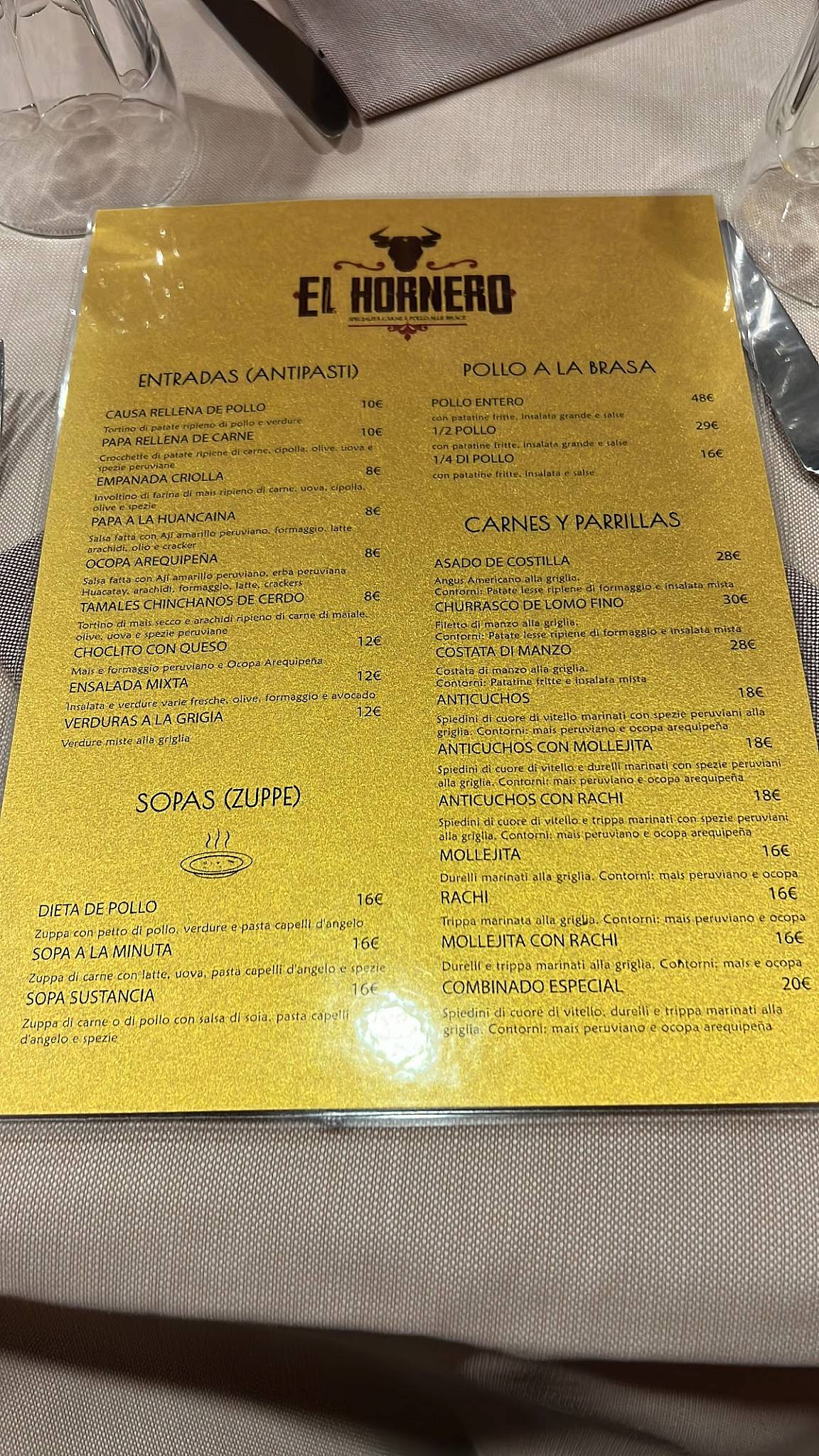 Carta de parrilla El Hornero, Milan, Piazza Monte Titano