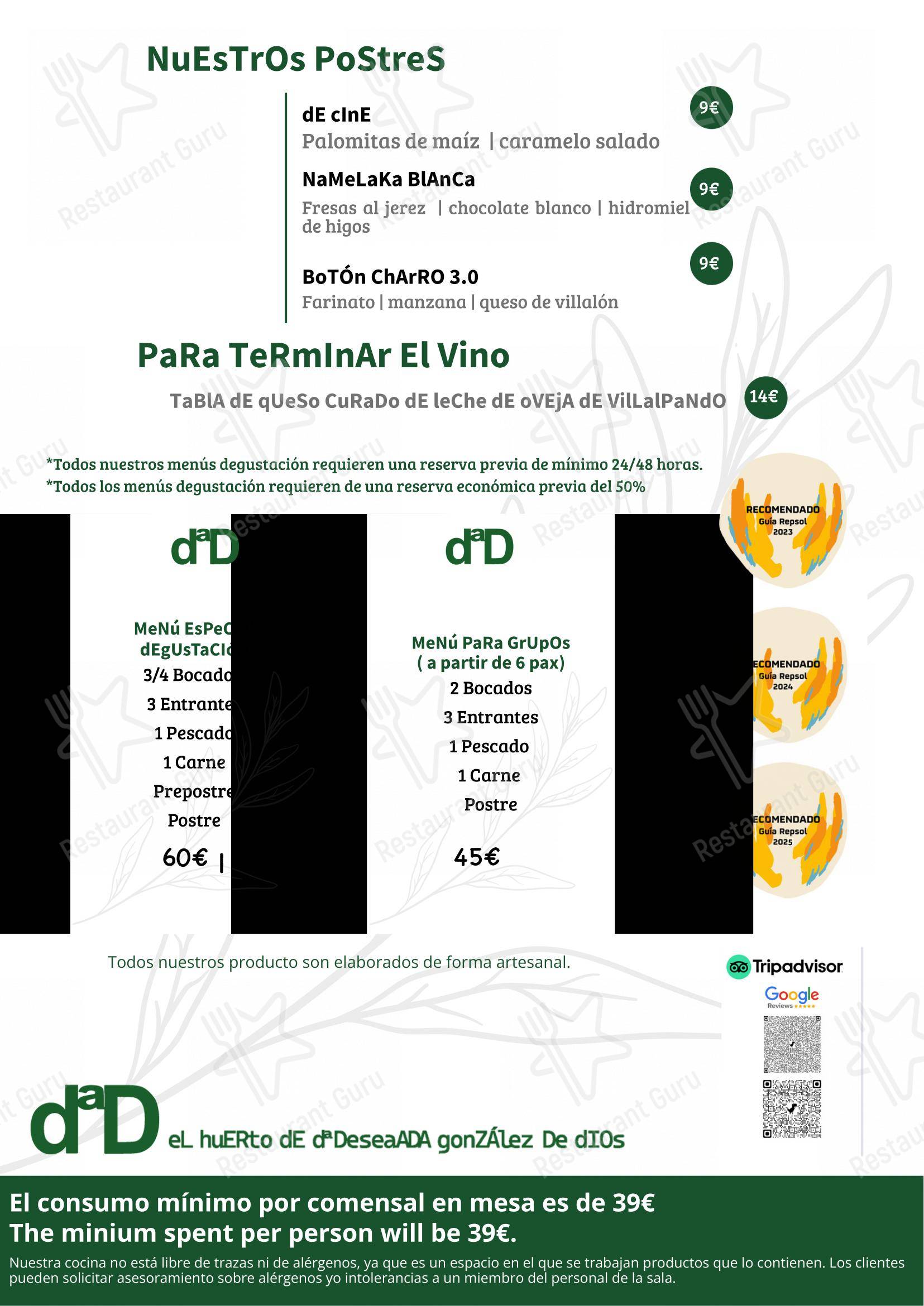 Carta del restaurante El Huerto De Doña Deseada, Salamanca