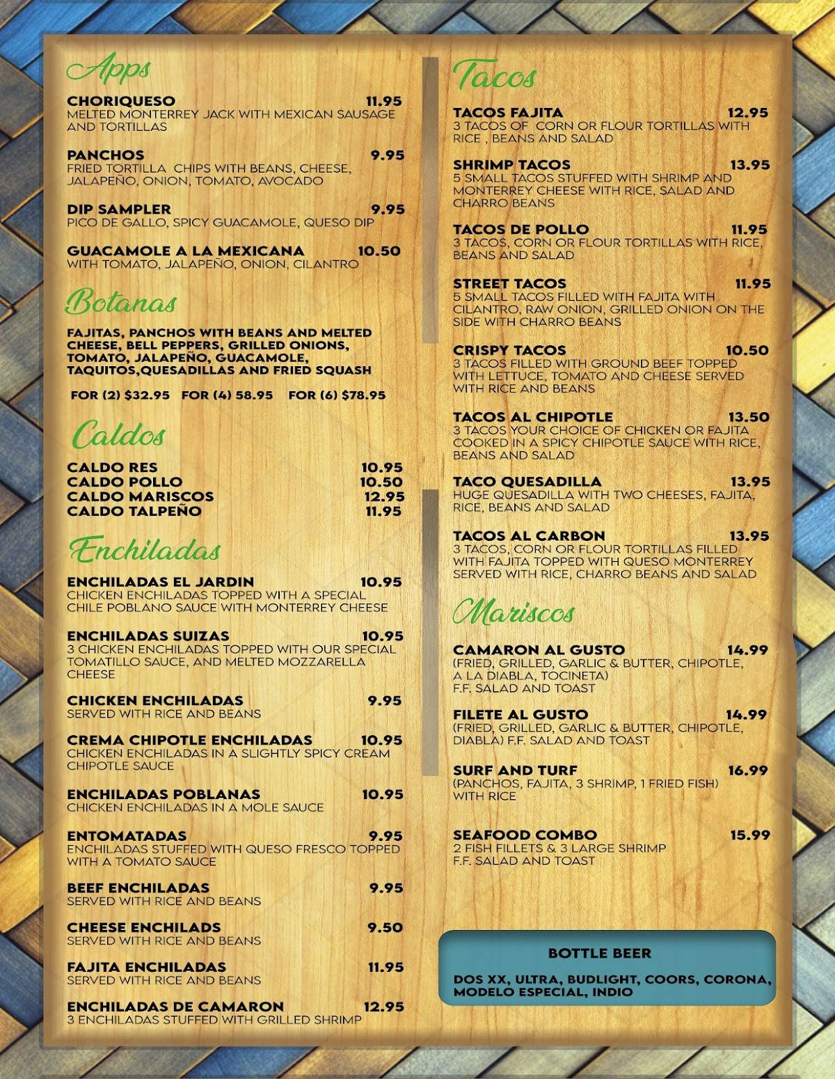 Menu at El Jardin Mexican Restaurant, Edinburg