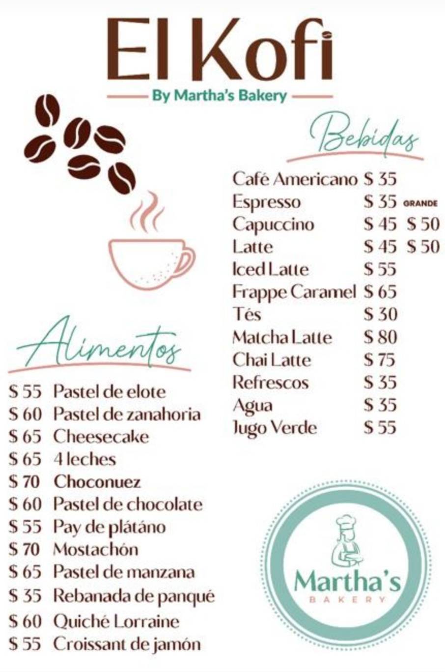 Carta de cafetería El Kofi, Cancún