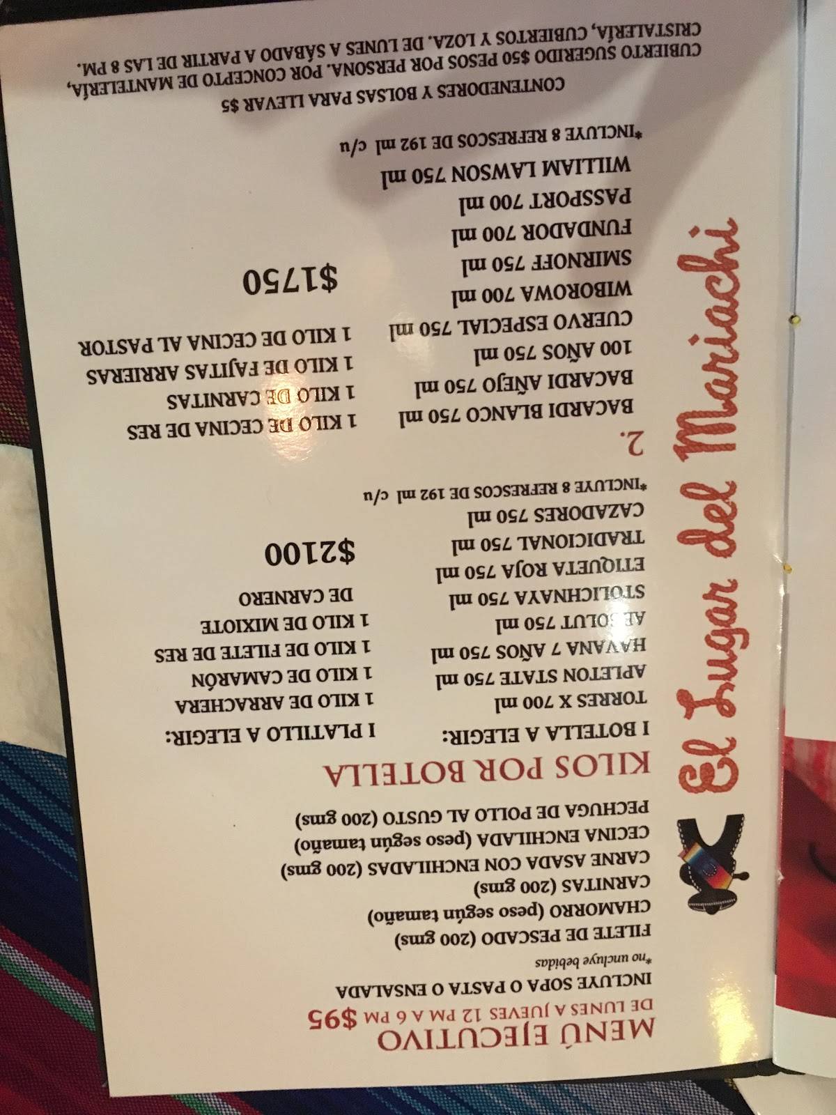 Carta del restaurante El Lugar del Mariachi, Ciudad del México, Hamburgo 86