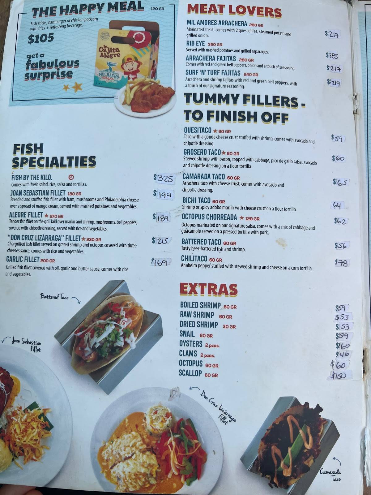 Carta del restaurante El Muchacho Alegre, Mazatlán, P.º Claussen 46-C