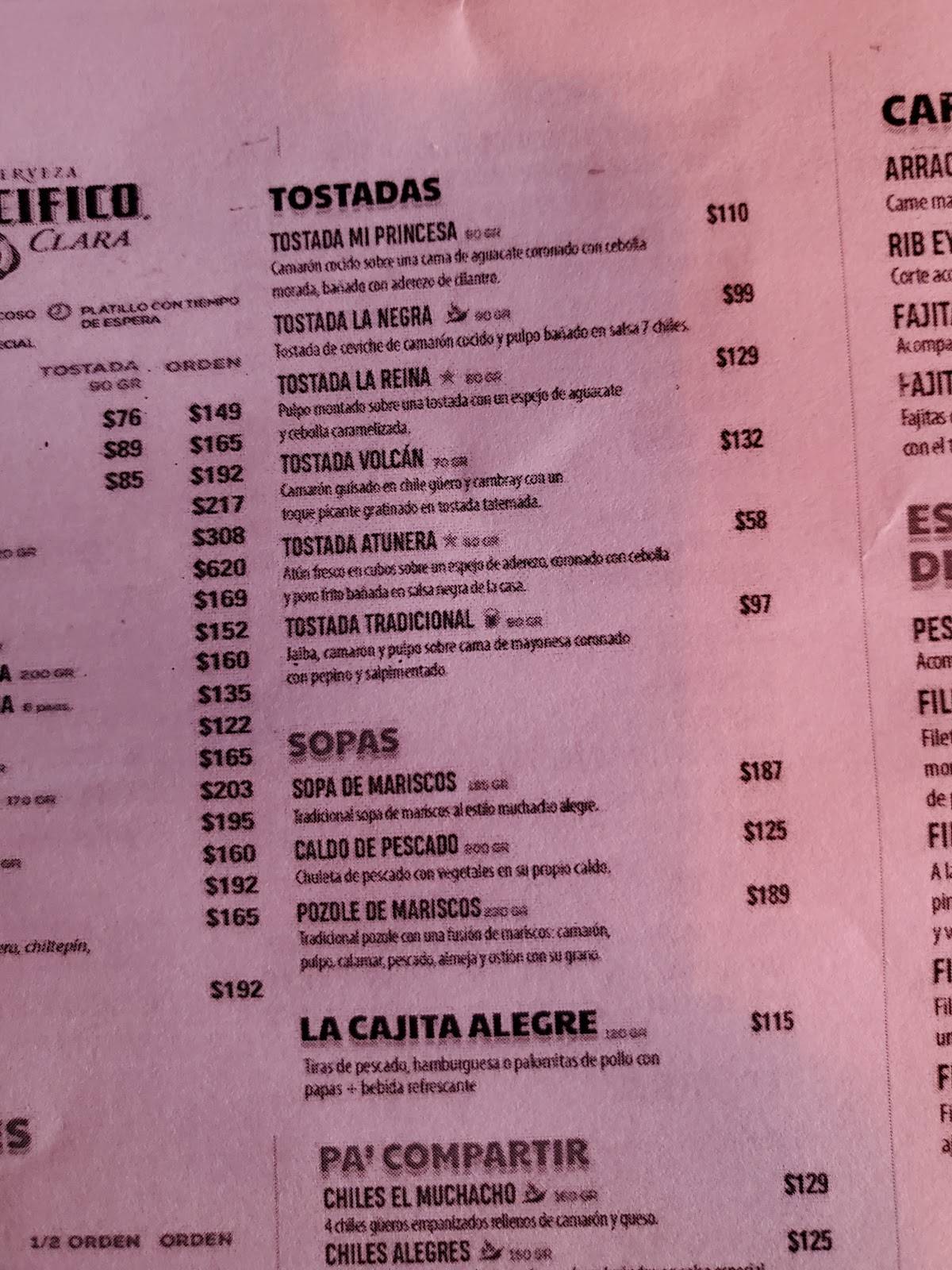 Carta del restaurante El Muchacho Alegre, Mazatlán, P.º Claussen 46-C
