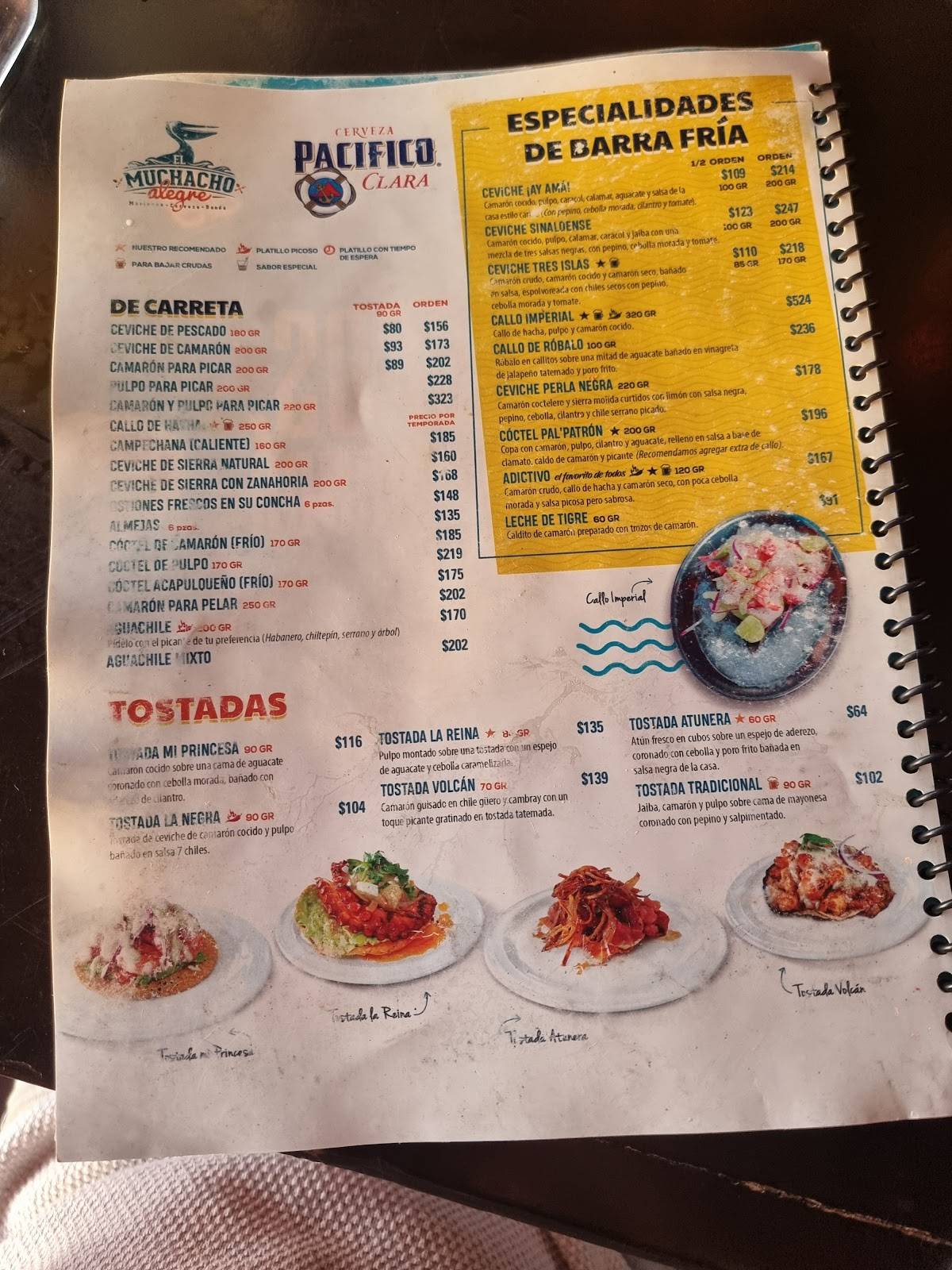 Carta del restaurante El Muchacho Alegre, Mazatlán, P.º Claussen 46-C
