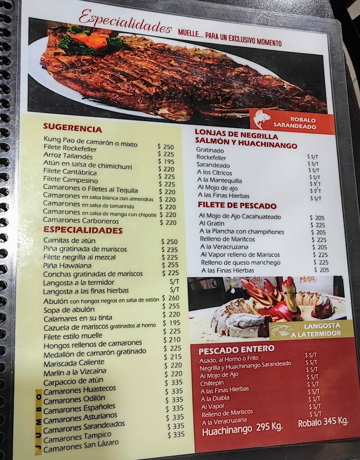 Carta del restaurante El Muelle, Tampico, Av. Cuauhtémoc 3417