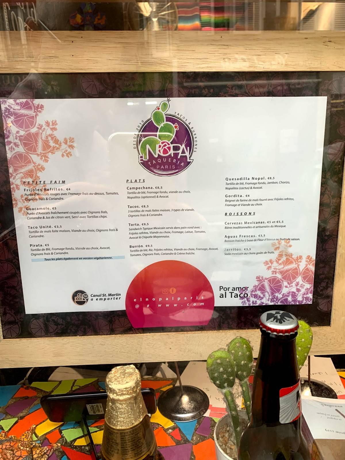 Carta del restaurante El Nopal, Paris, 3 Rue Eugène Varlin