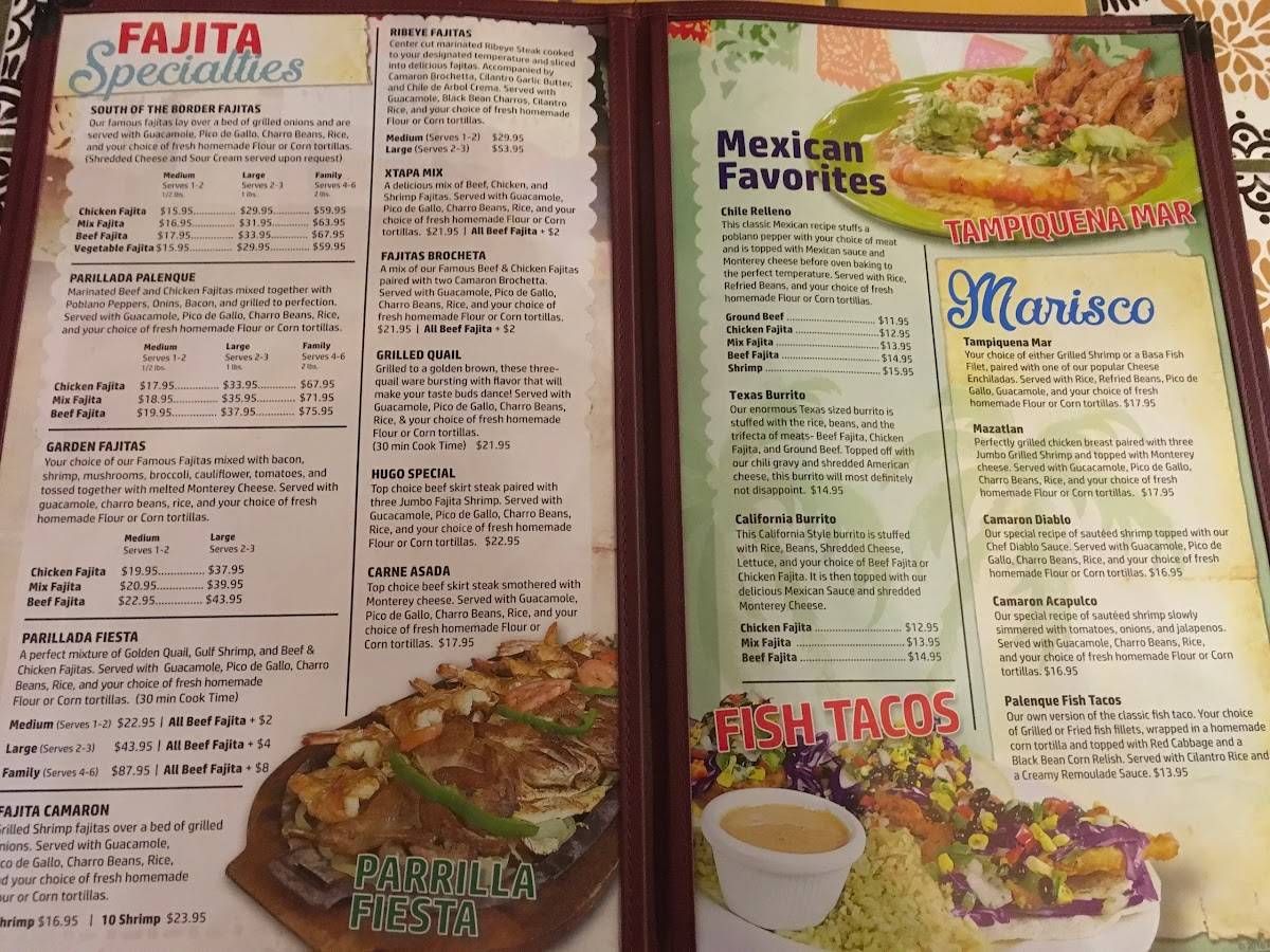 Carta del restaurante El Palenque, Houston, Irvington Blvd