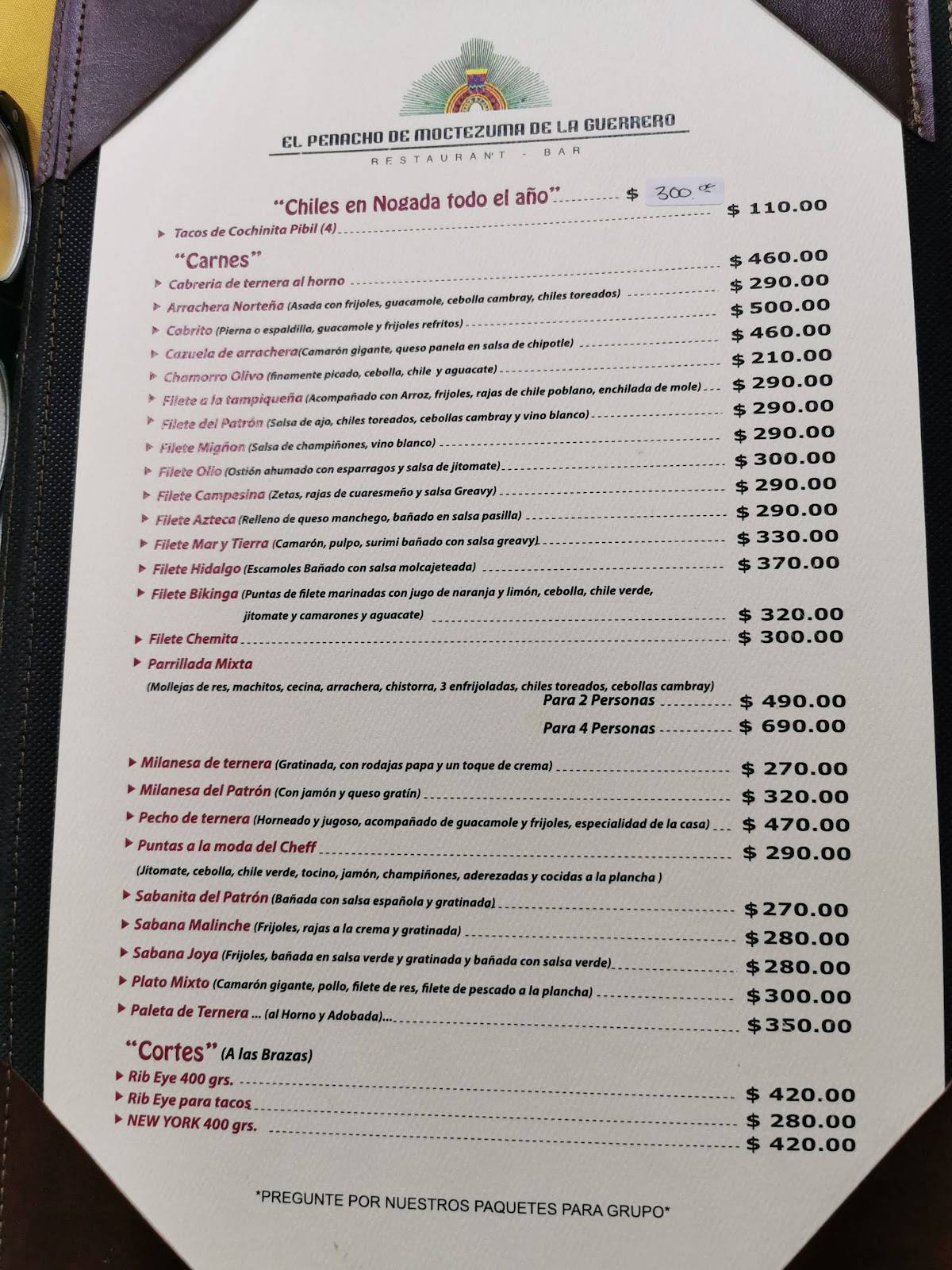 Carta del restaurante El Penacho del Moctezuma, Ciudad del México, Eje ...