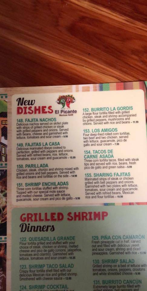 Menu at El Picante restaurant, Pikeville