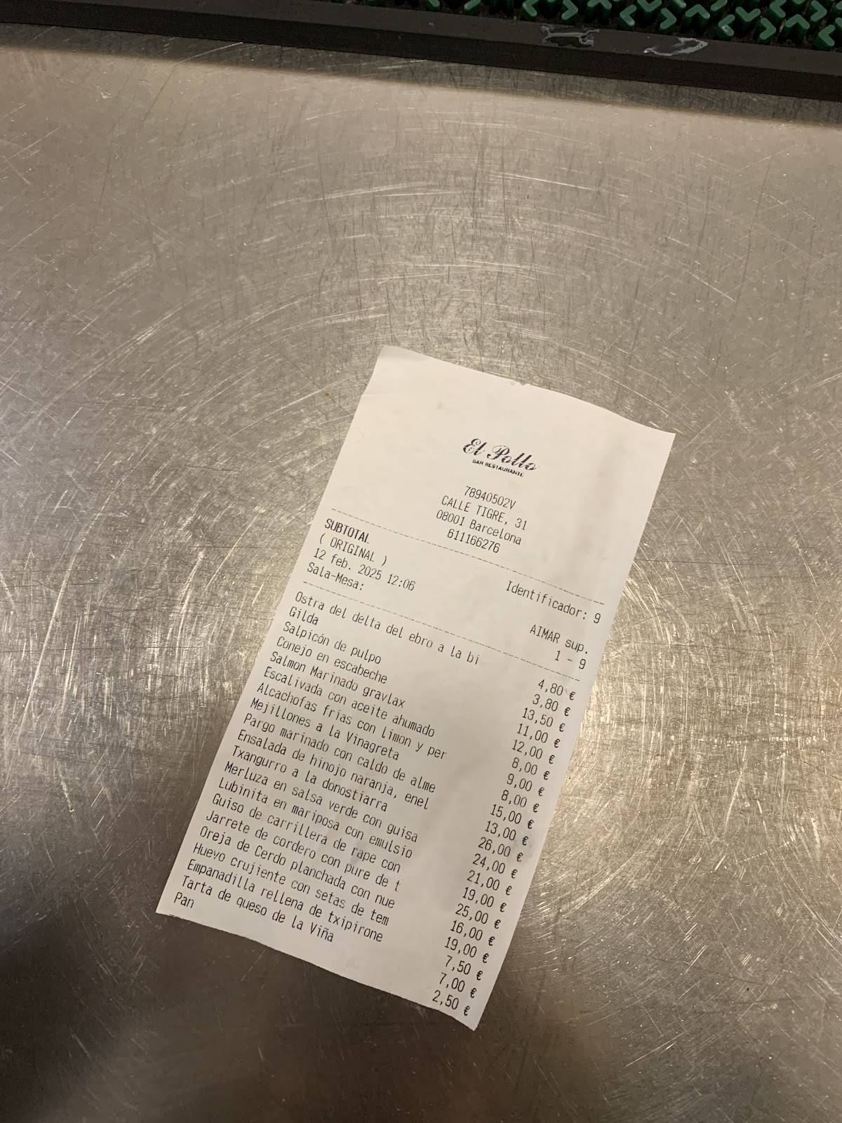 Carta del pub y bar El Pollo, Barcelona, Carrer del Tigre