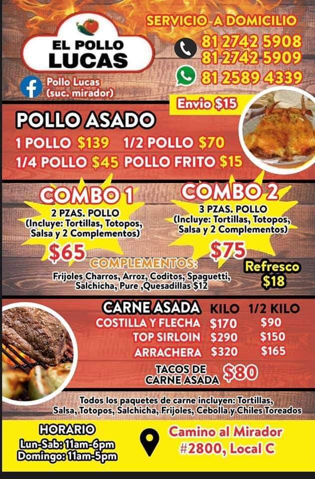 Carta del restaurante El Pollo Lucas, Monterrey
