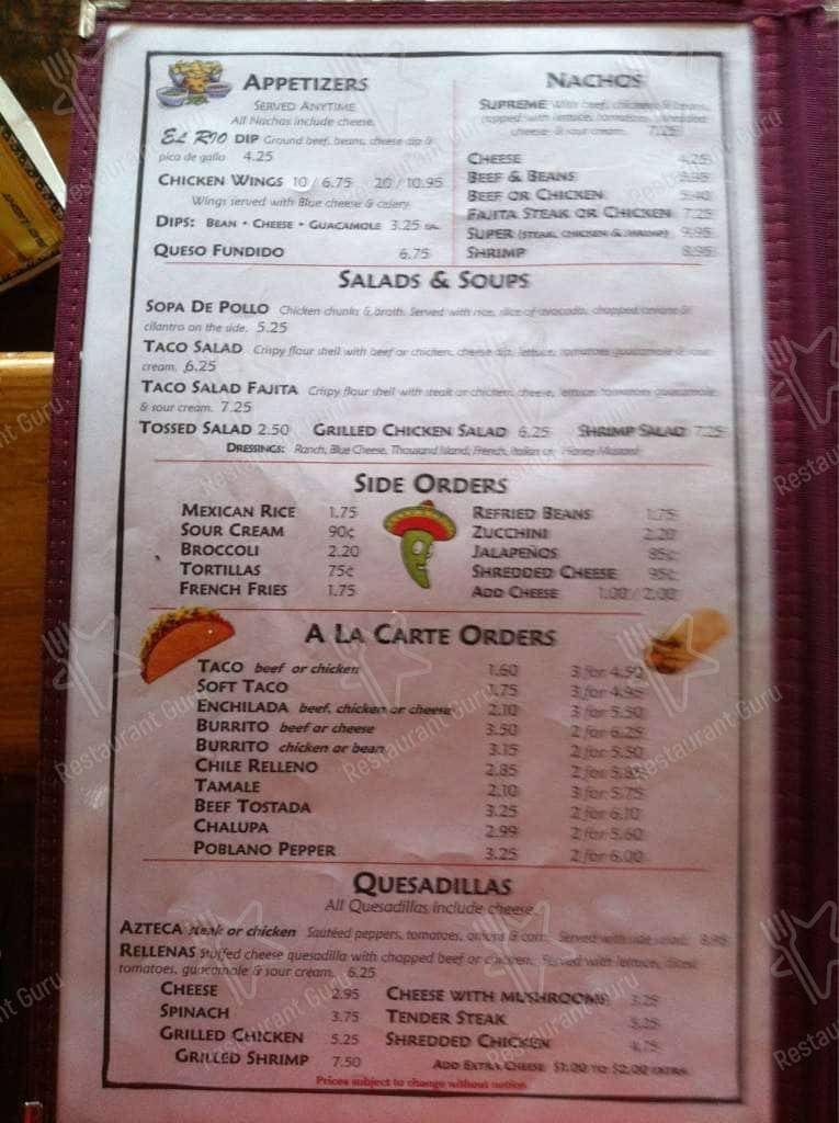 Menu at El Rio Mexican Restaurant, Copperhill