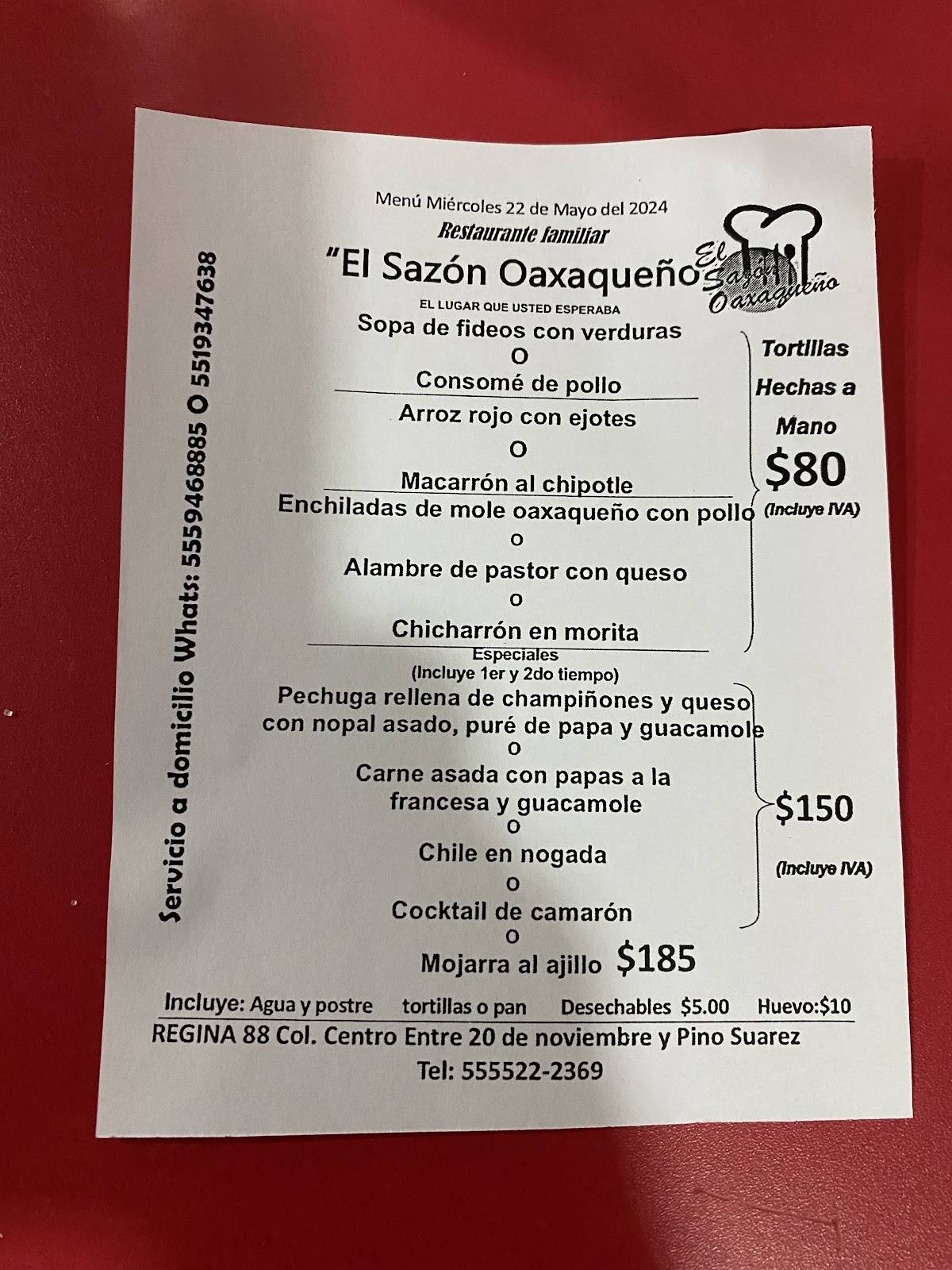 Carta del restaurante El Sazón Oaxaqueño Regina, Mexico, Regina 88