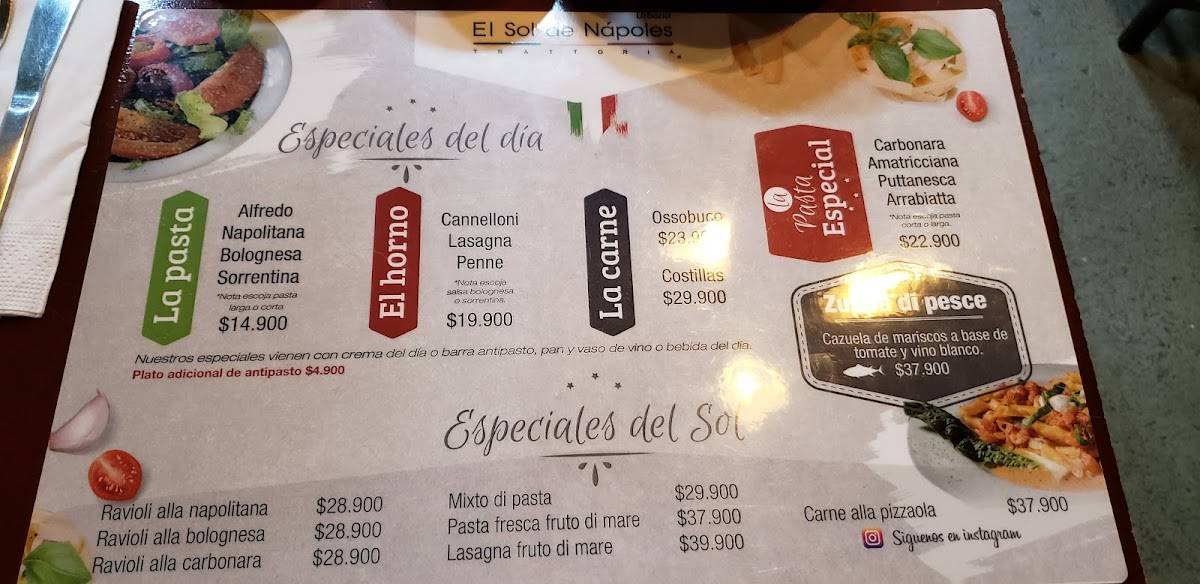 Carta del restaurante El Sol del Nápoles, Bogotá, Cl. 98a #69b-55