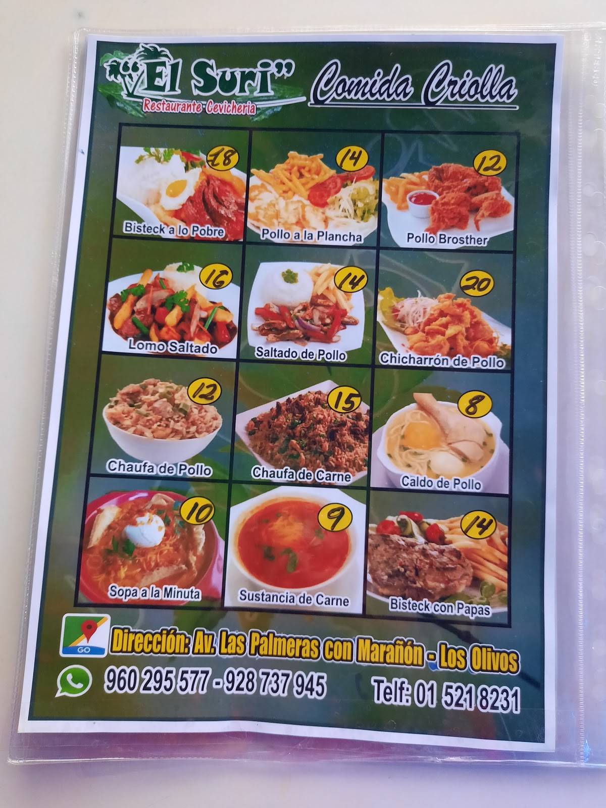Carta del restaurante El Suri, Rimac