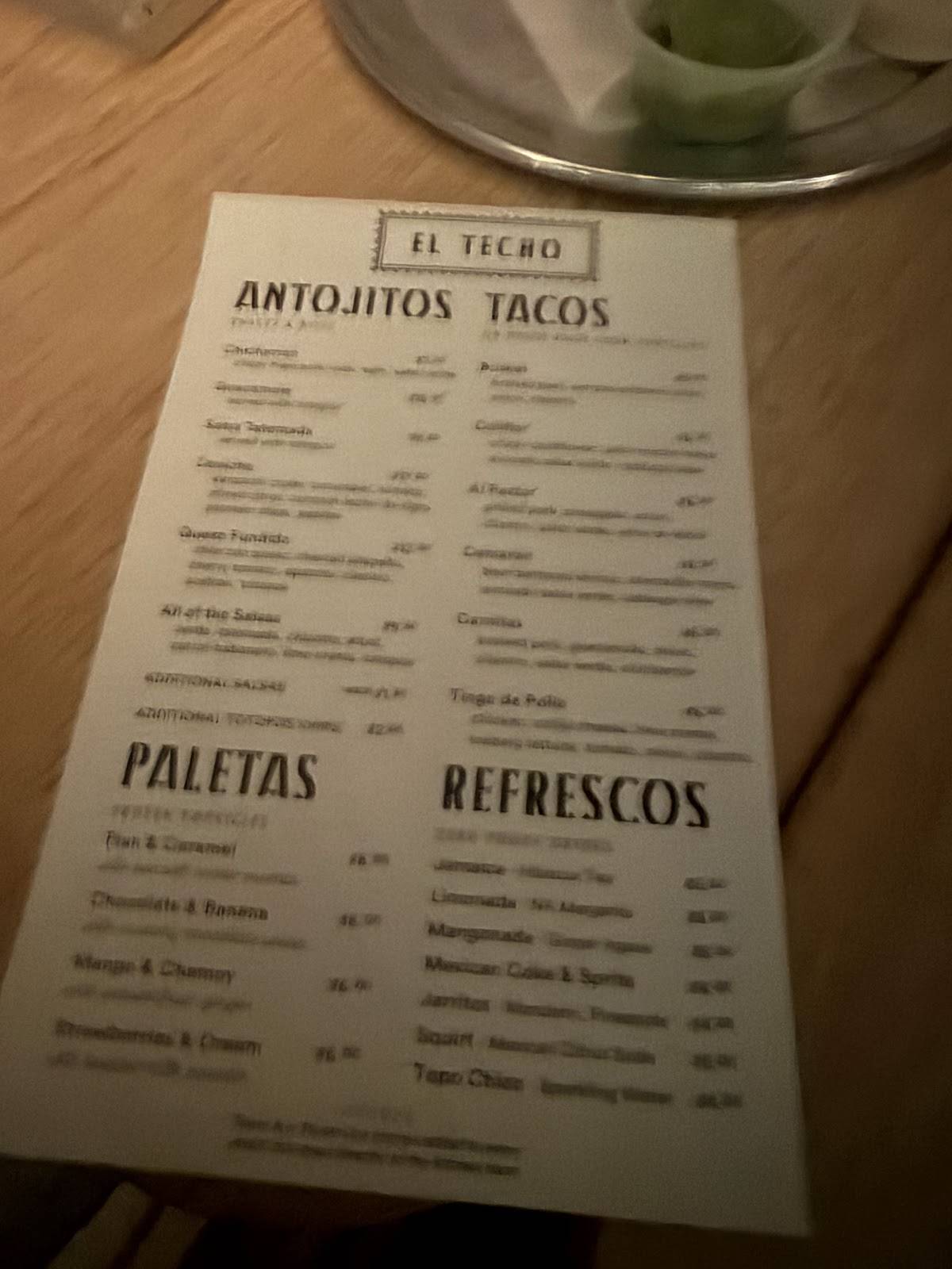 Menu at El Techo pub & bar, Philadelphia