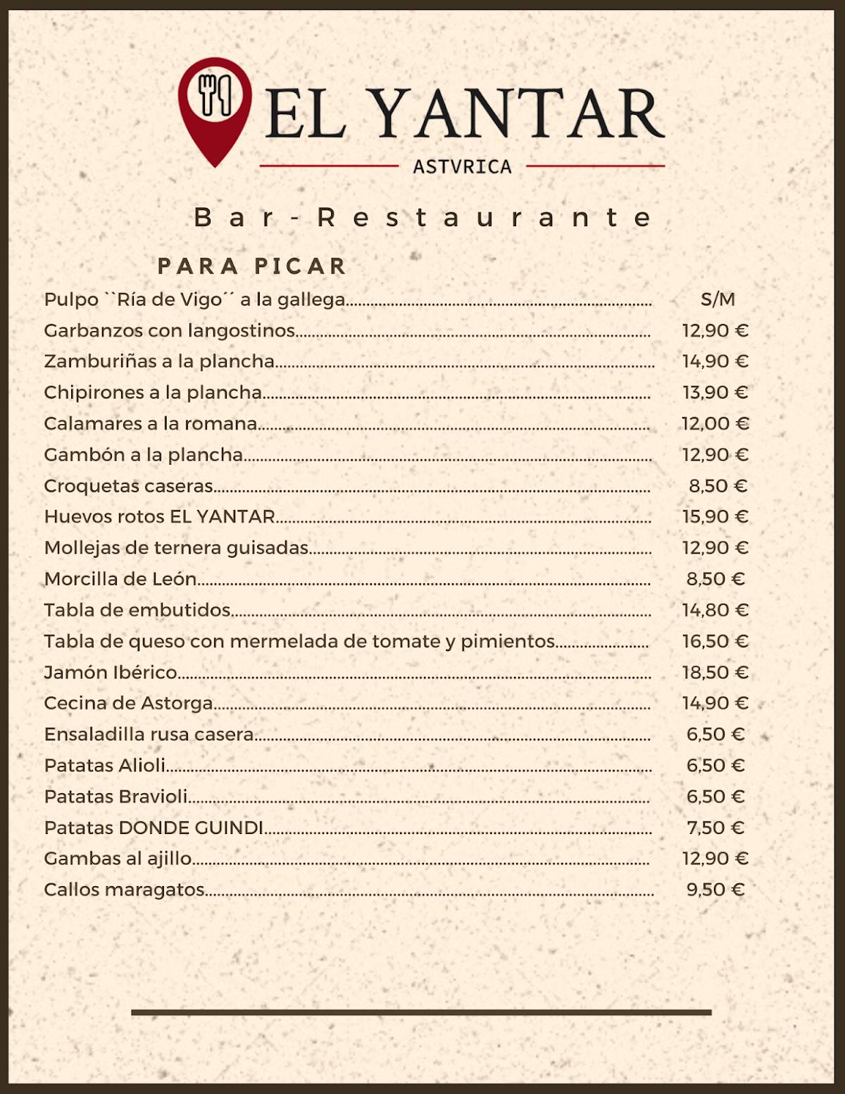 Carta del pub y bar El Yantar, Valladolid