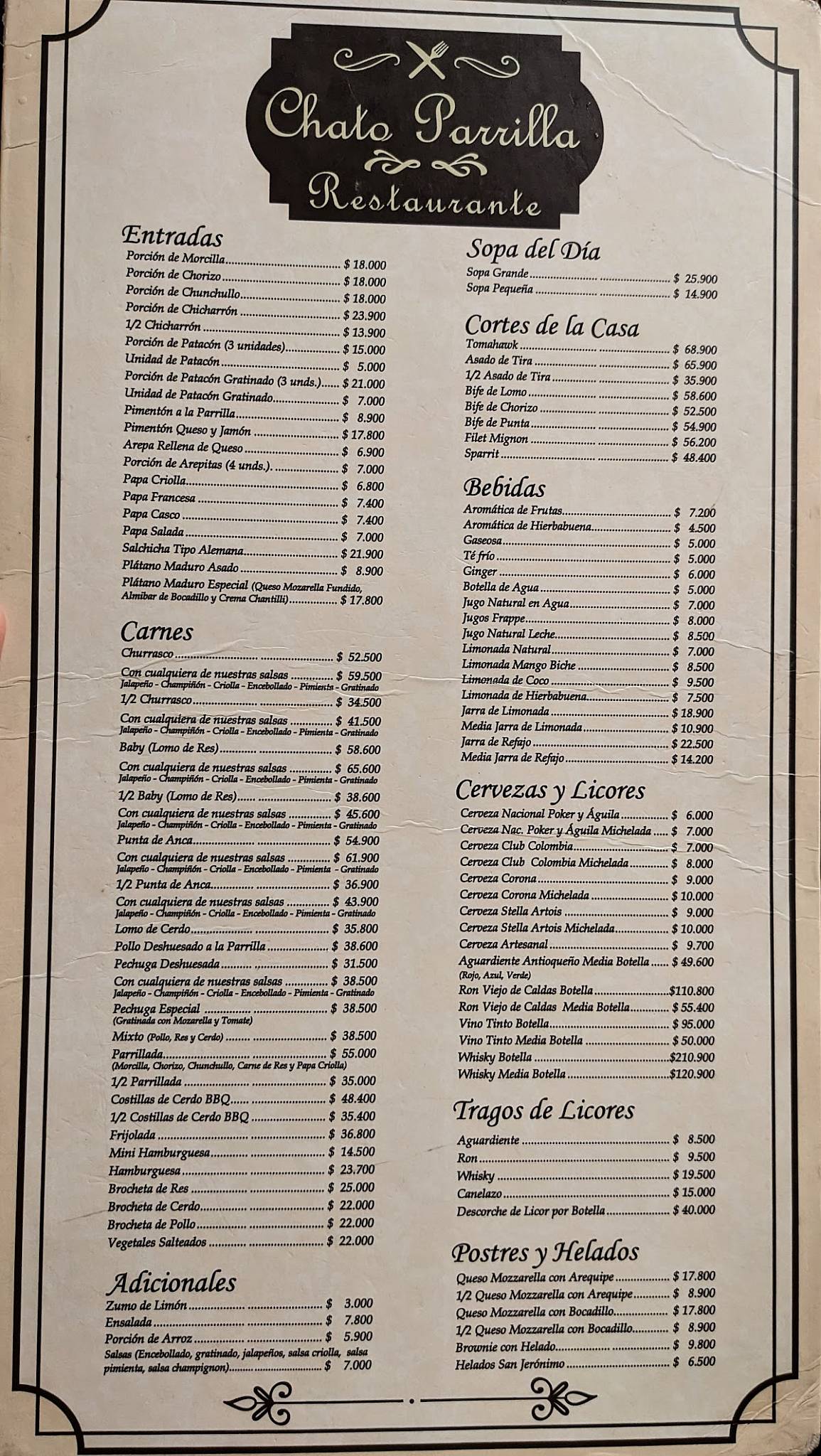 Carta de El chato parrilla, Chía
