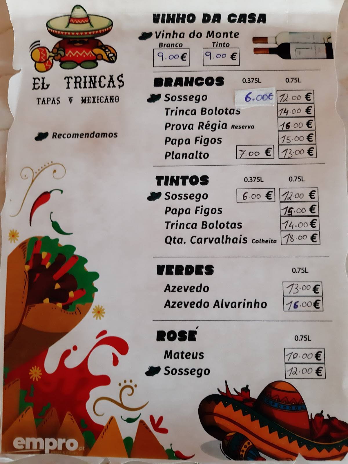 Menu em El trincas restaurante, Loulé