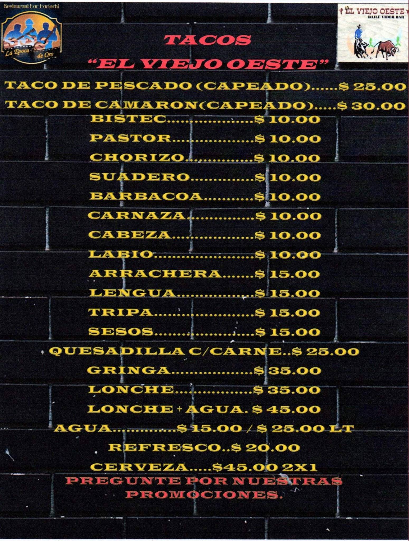 Carta del pub y bar El Viejo Oeste, Guadalajara