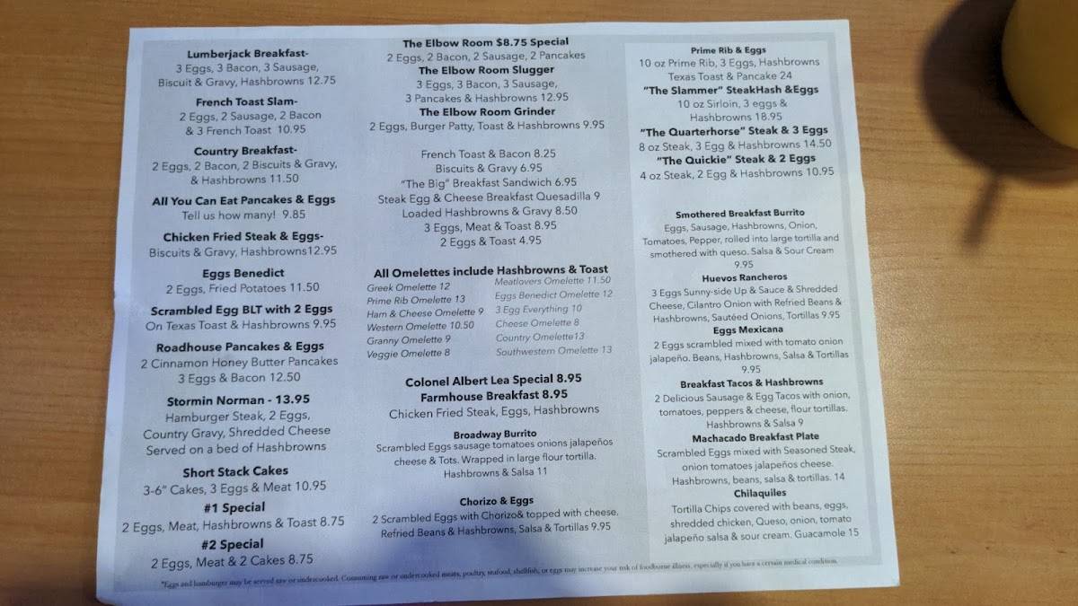 Menu at Elbow Room restaurant, Albert Lea