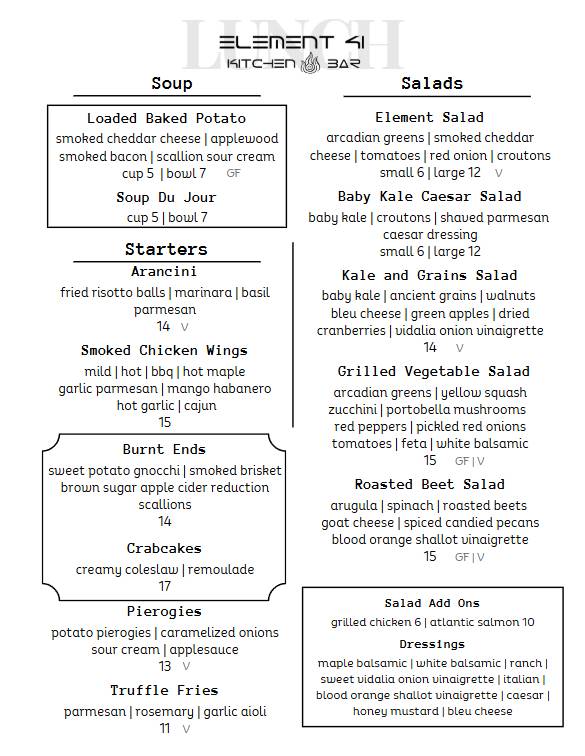 Menu at Element 41 pub & bar, Chardon