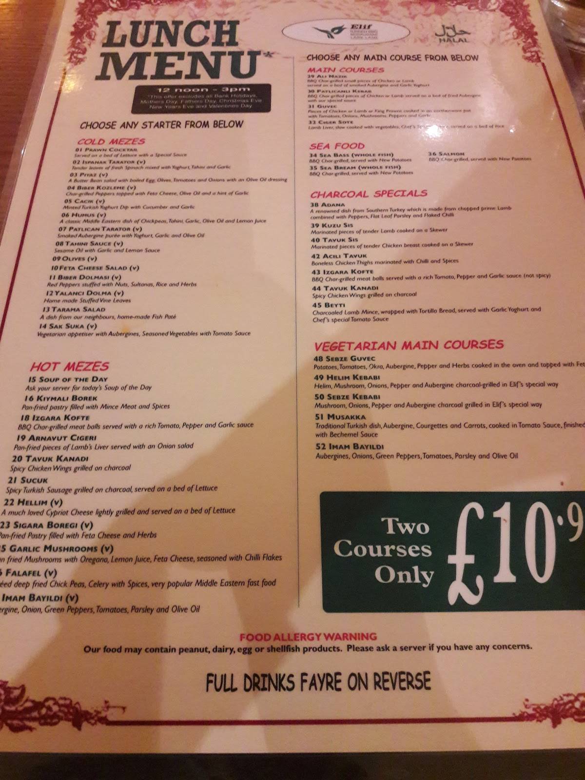 Menu at Elif Restaurant, Liverpool, 6 Lark Ln