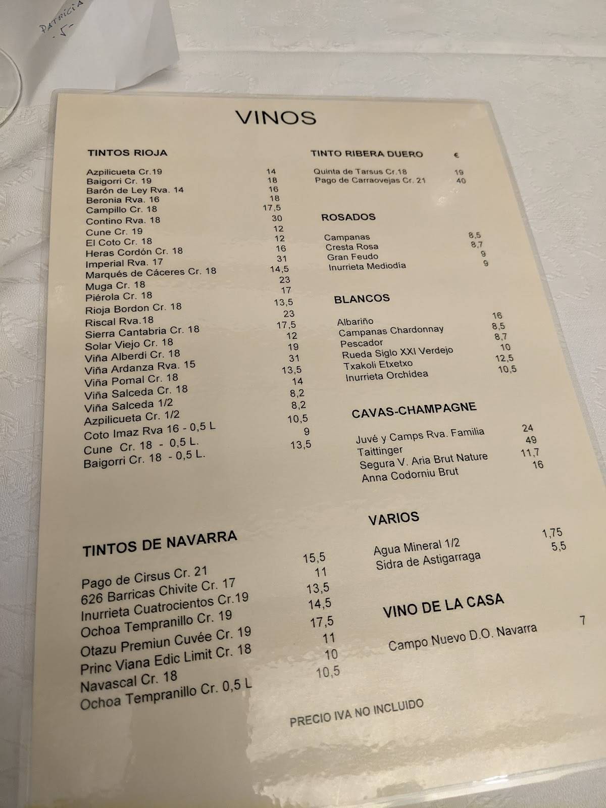 Carta de Restaurante Casa Galarza, Elizondo