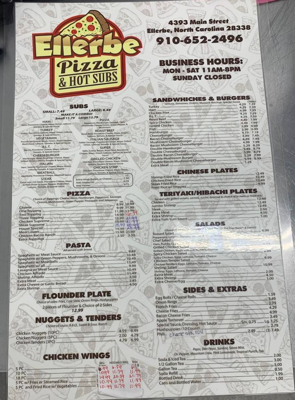 Menu at Ellerbe Pizza & Hot Subs restaurant, Ellerbe