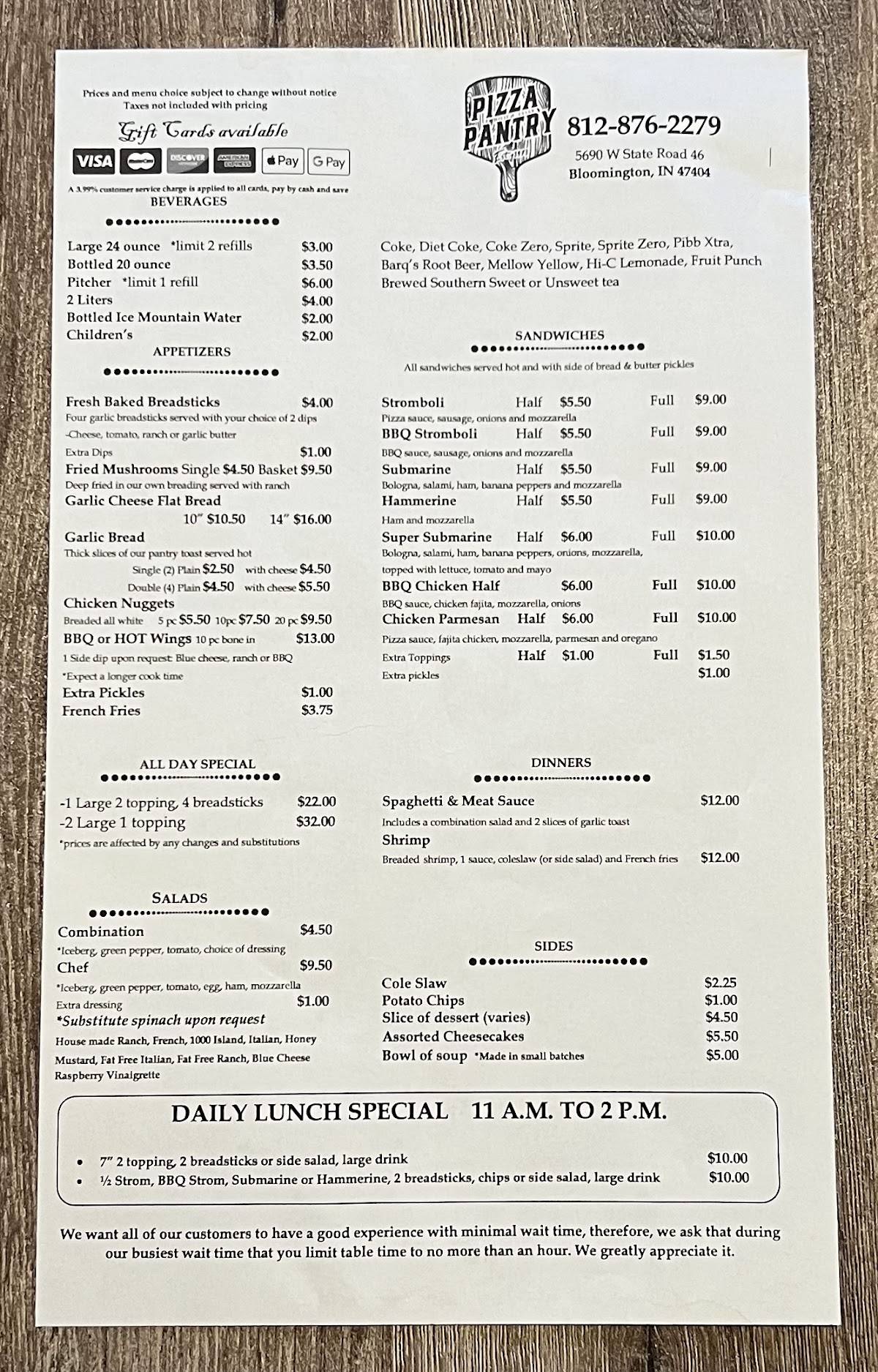 Menu at Ellettsville Pizza Pantry restaurant, Bloomington, IN-46