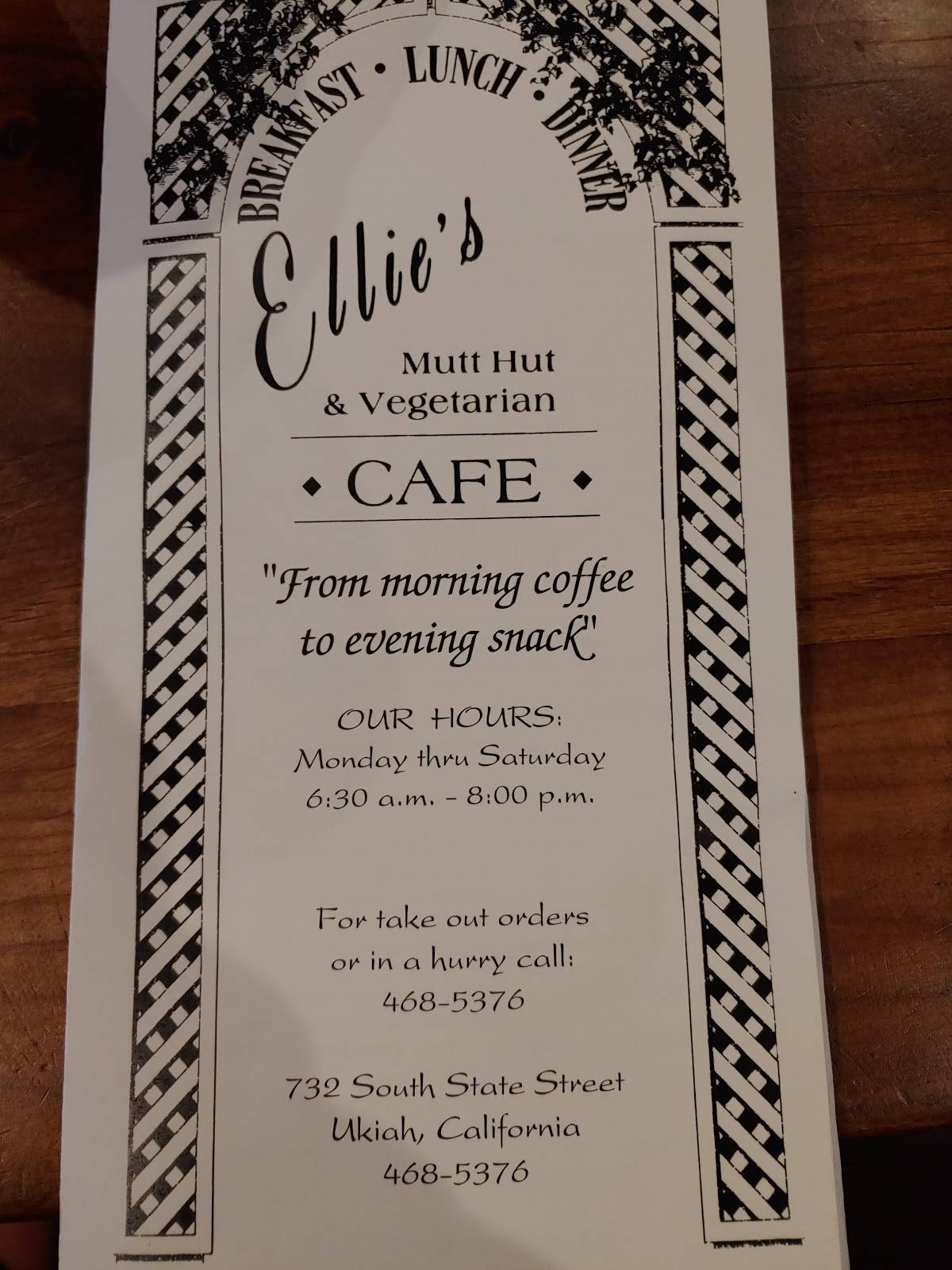 Menu at Ellie's Mutt Hut restaurant, Ukiah