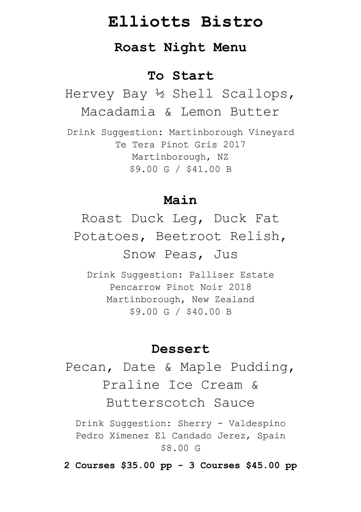 Menu at Elliott's Bistro cafe, Alexandra Headland